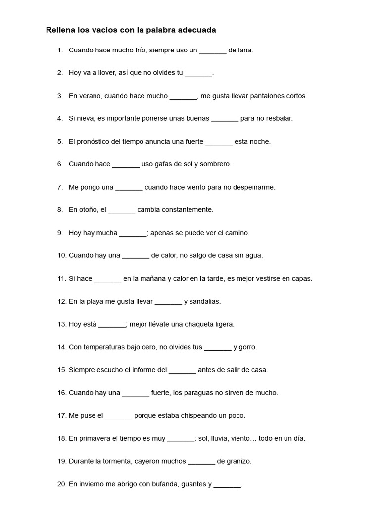 Ejercicios Rellenar Vacío Ropa, Meteorología y Accidentes Geográficos ...