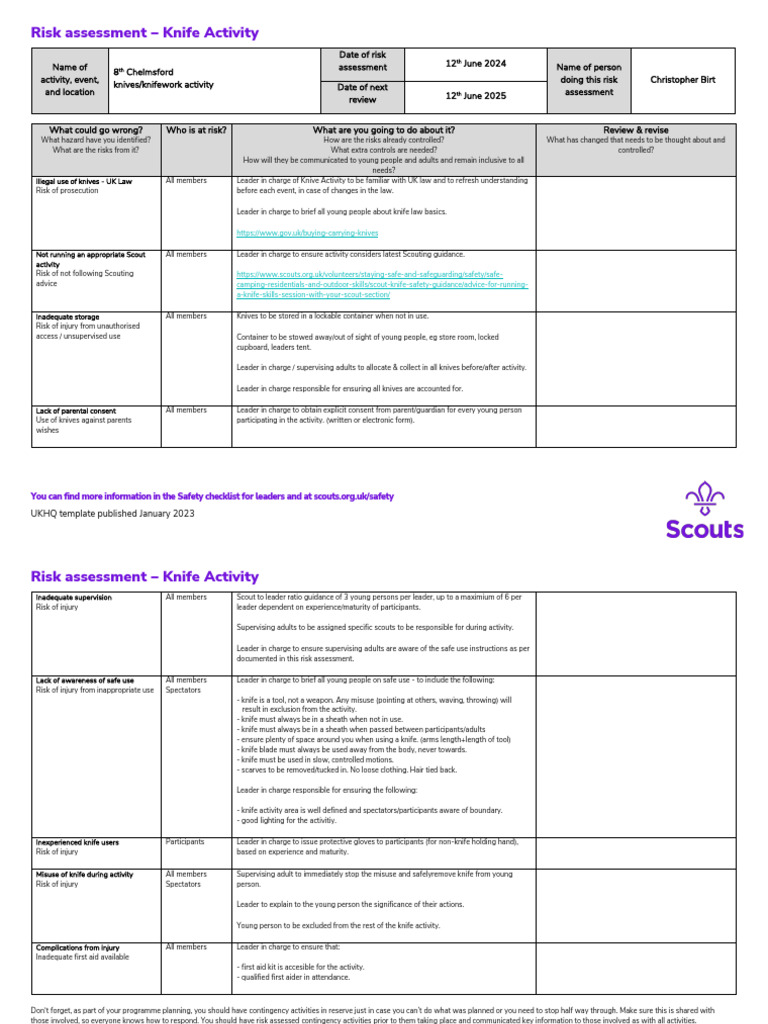 Knife Activity Risk Assessment | PDF | Knife | First Aid