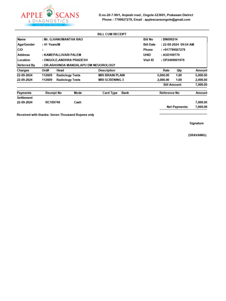 Ongole Medical Bill Receipt for MRI | PDF