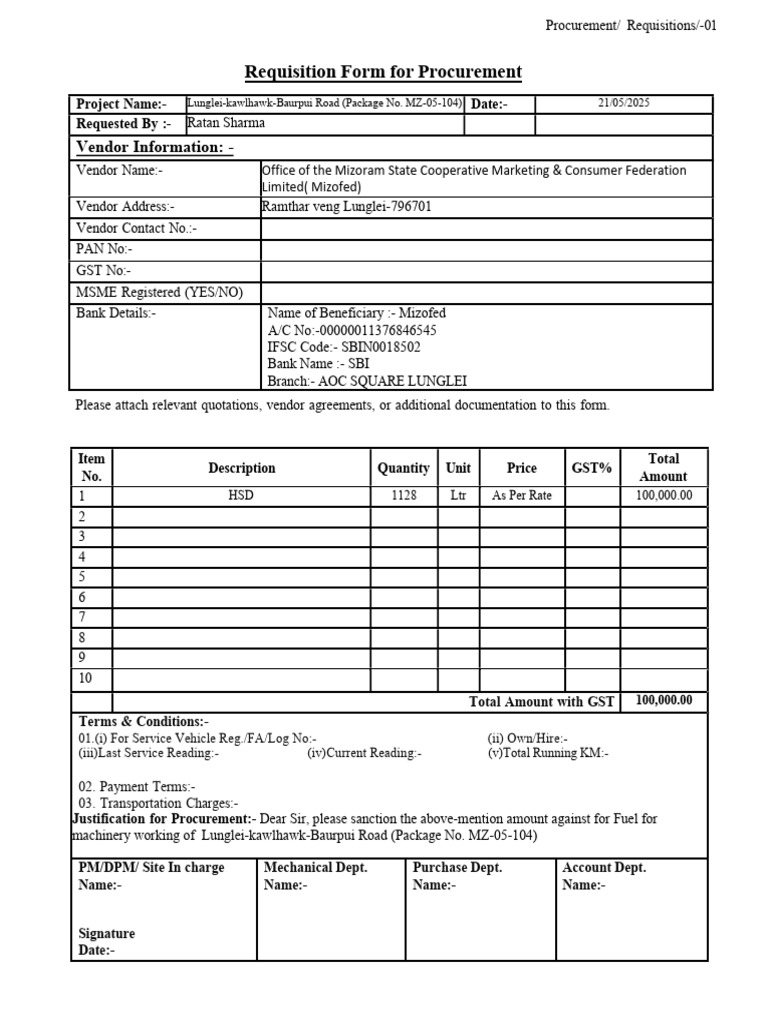 Requisition of Fuel For LKB Site | PDF