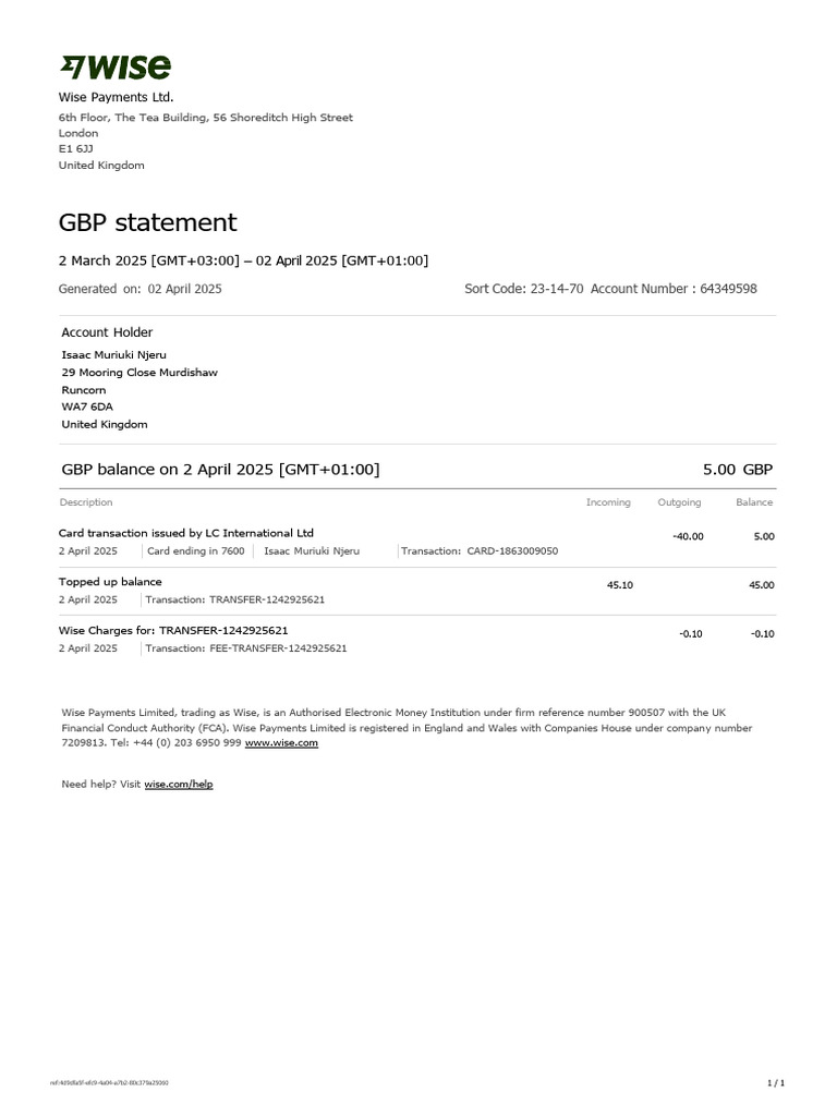 Wise Bank Statement April | PDF
