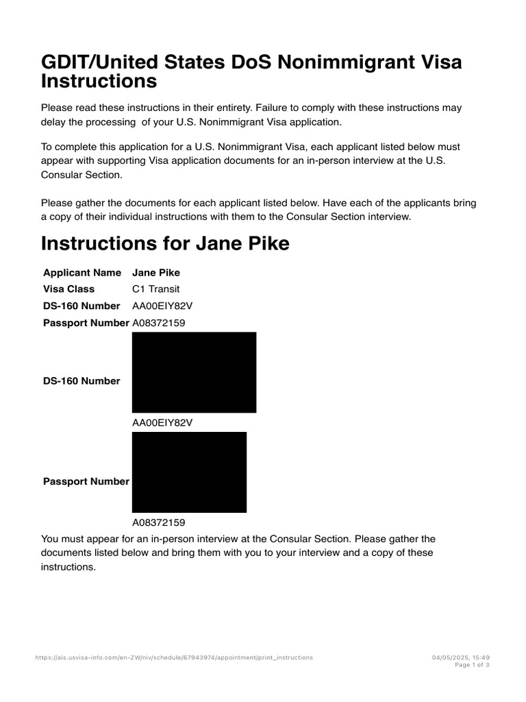 Confirmation and Instructions Official U.S. Department of State Visa ...