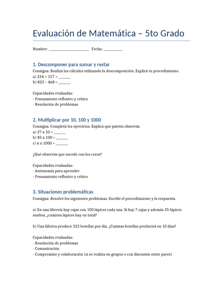 Evaluación_Matemática_5to_Grado | PDF