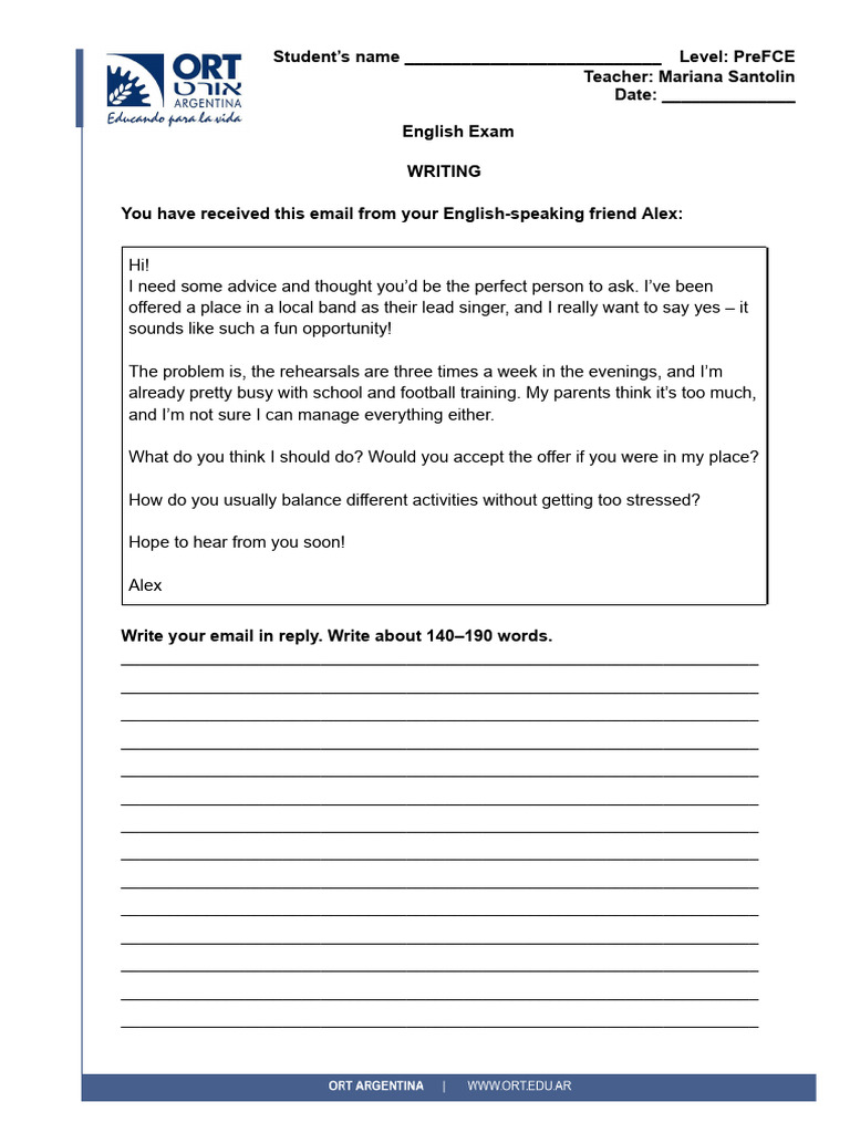 English Exam WRITING 4° QK 2025 PreFCE 1° CUAT | PDF