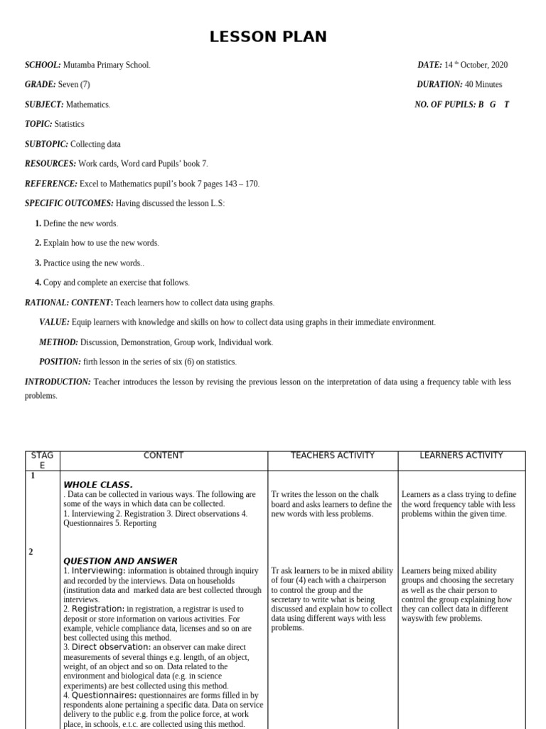 Data Collection in Statistics Lesson Plan | PDF | Statistics | Data