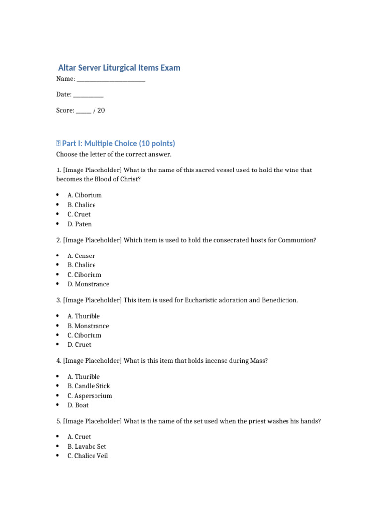 Altar Server Liturgical Items Exam | PDF