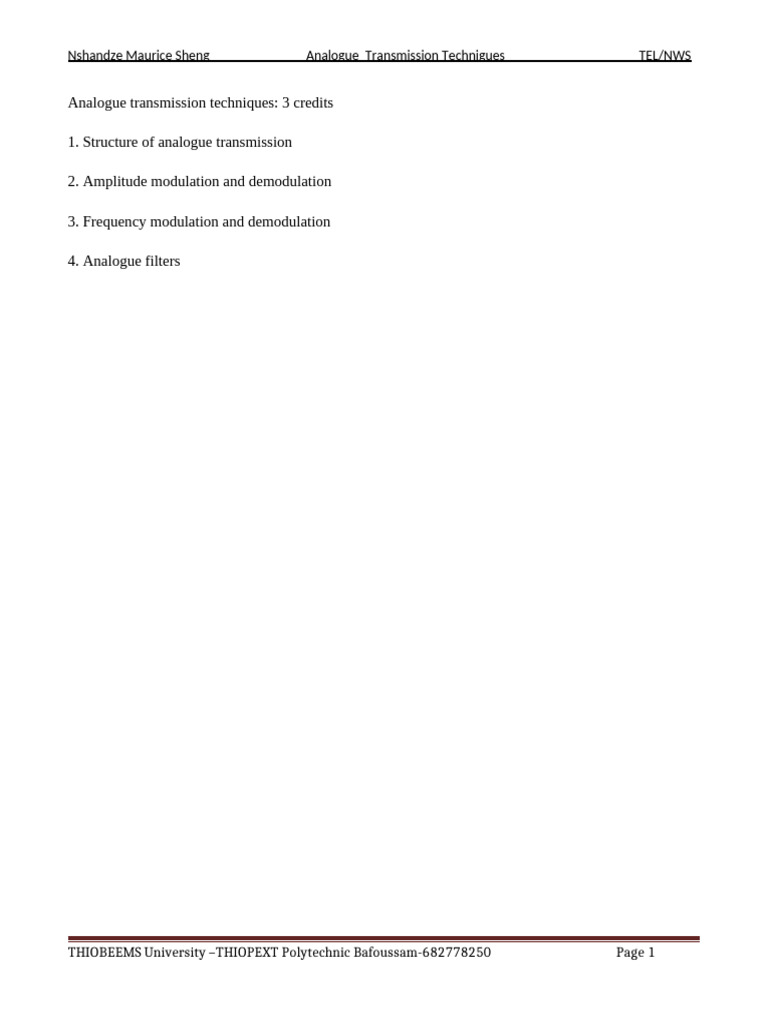 Analogue Transmission Techniques TEL NWS 2024 2025 | PDF | Frequency Modulation | Modulation