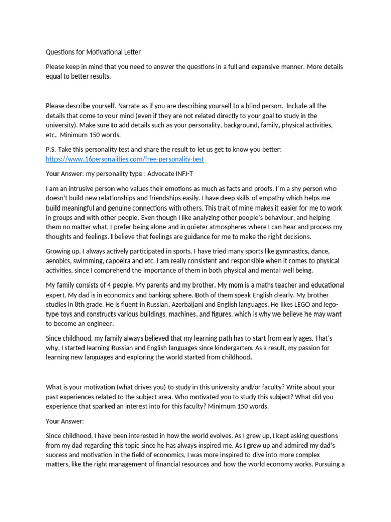 Motivational Letter Guidance Questions | PDF | Economics | Mind