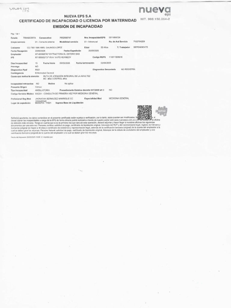 Galindo Lopez Abel - Incapacidad Eps - 20.05.2025-03.06.2025 | PDF