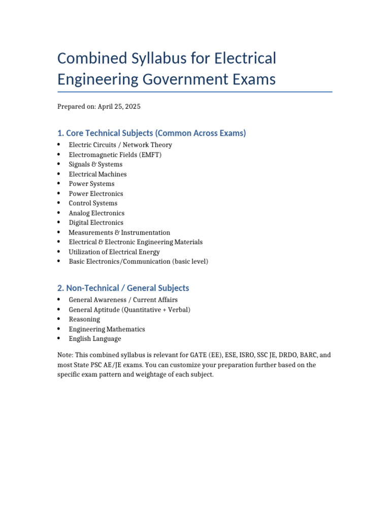 Combined Syllabus Electrical Engineering Govt Exams | PDF
