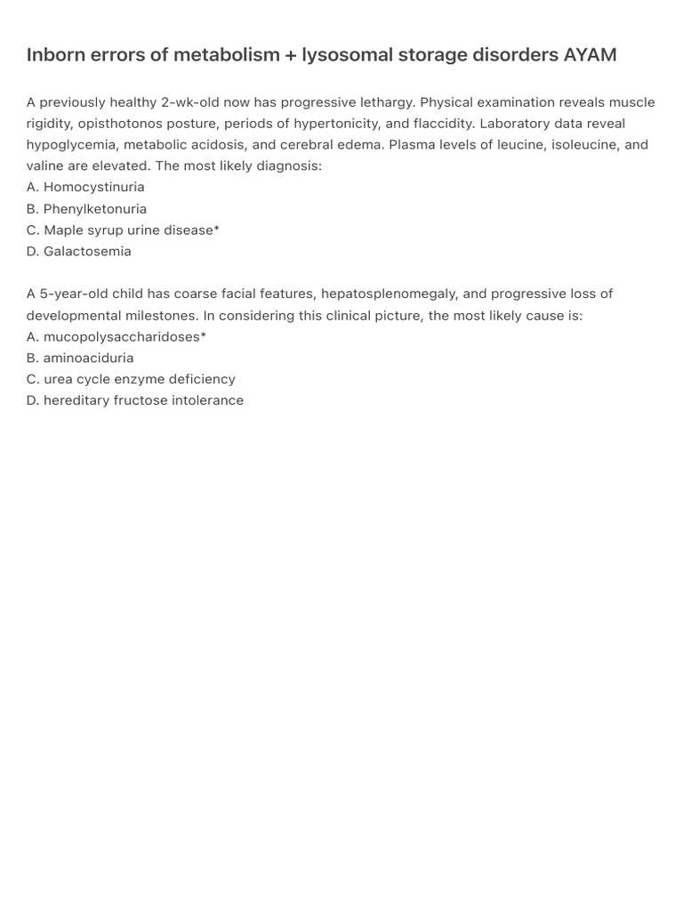Inborn Errors of Metabolism + Lysosomal Storage Disorders AYAM | PDF