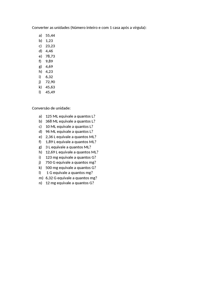 exercício aula 2 - conversão de unidades | PDF