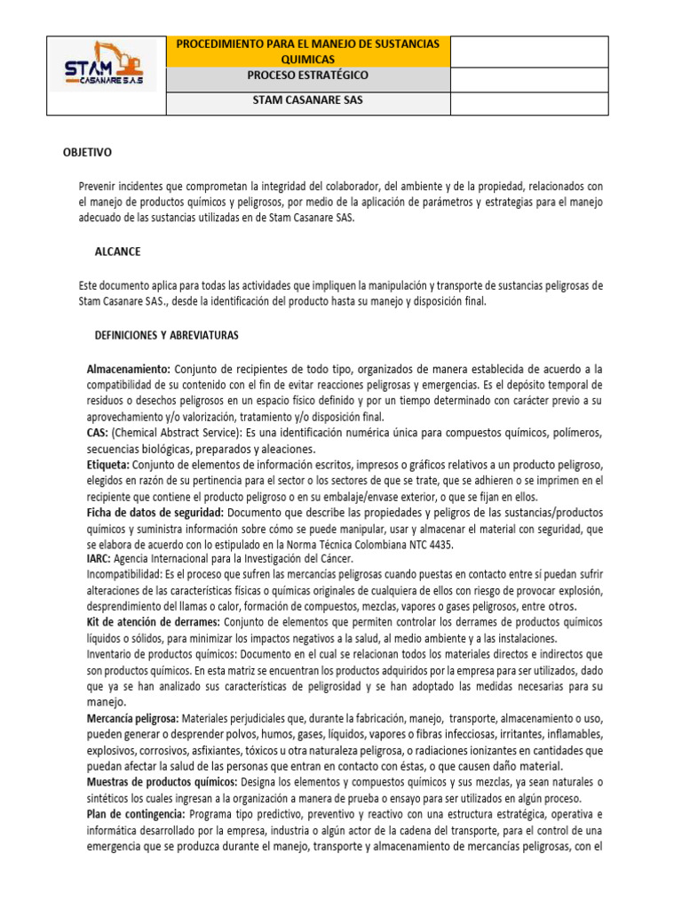 Hseq-Pro-02 Procedimiento para El Manejo de Sustancias Quimicas | PDF | Sustancias químicas ...