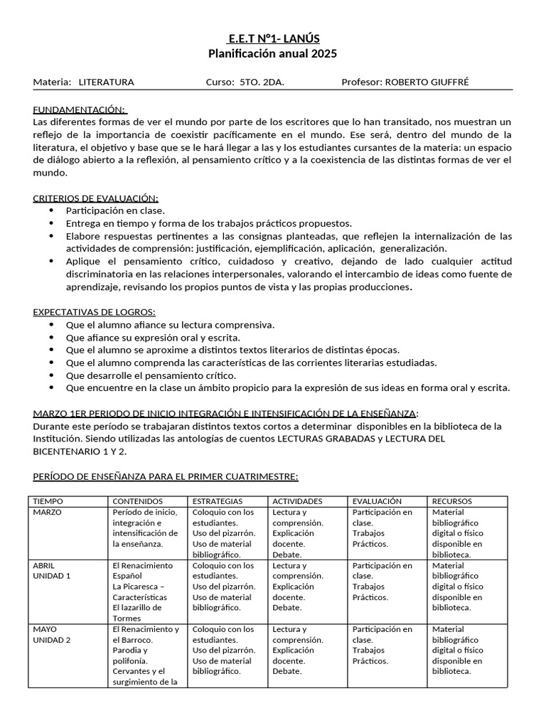 Planificación Anual para Literatura de 5to Año 2025 (Con Las Nuevas Exigencias de Programa ...