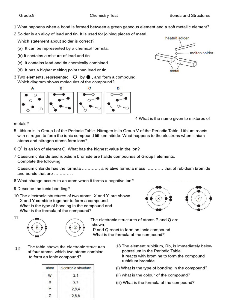8th Grade Chemistry: Bonds & Structures Test | PDF | Chemical Compounds ...