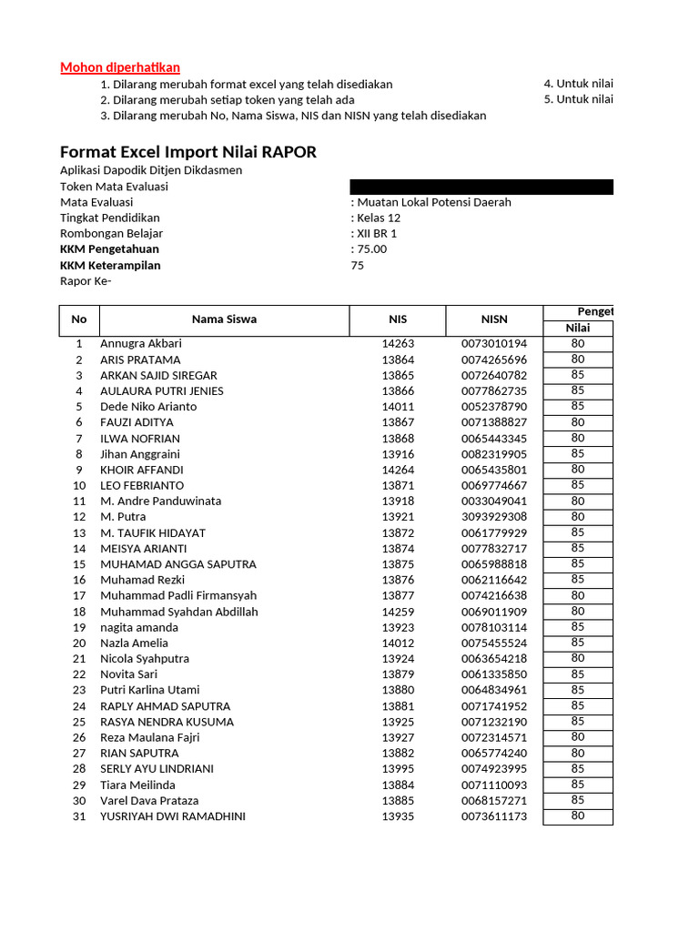 Format Excel Nilai Rapor Kelas 12 | PDF