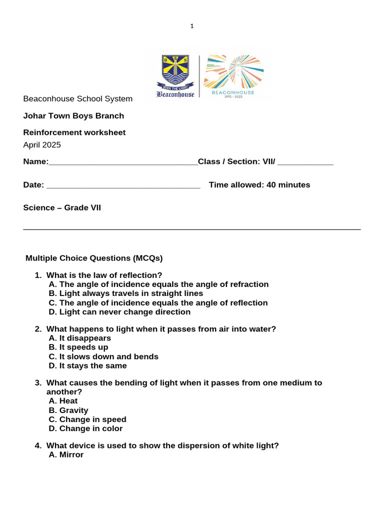 Light Refraction and Dispersion Worksheet | PDF | Light | Refraction