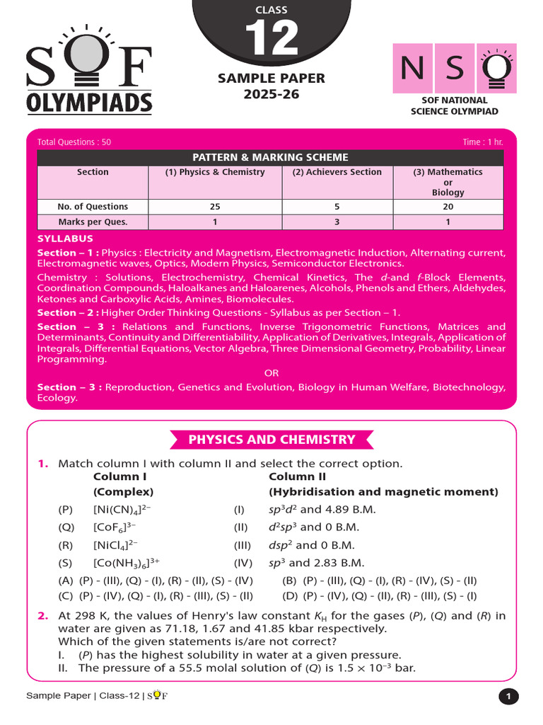 Nso Sample Paper Class-12 2025-26 | PDF | Photoelectric Effect ...