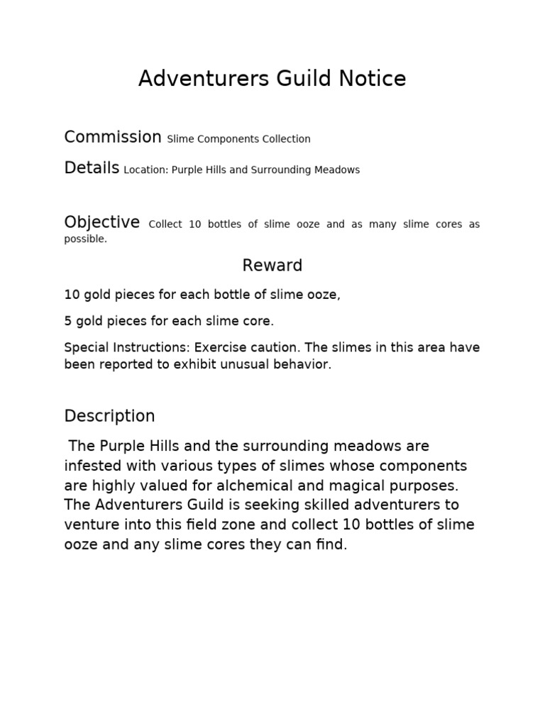 Adventurers Guild Notice Commission - Slime Components Collection | PDF