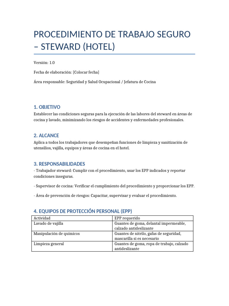 Procedimiento Seguro para Stewards en Hotel | PDF | Guante
