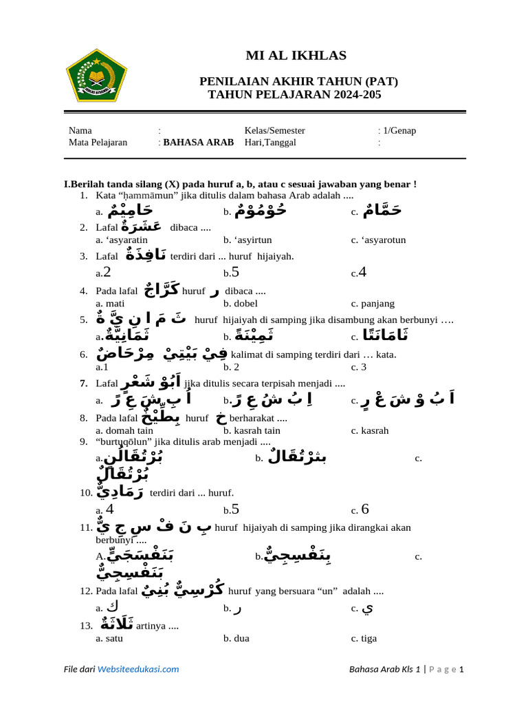 Soal PAT Kelas 1 MI - Bahasa Arab | PDF