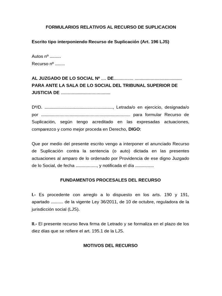 Escrito Tipo Interponiendo Recurso de Suplicación Art. 196 LJS | PDF | Caso de ley | Ley Pública