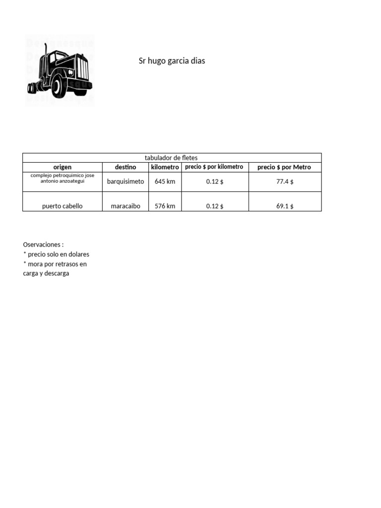 Tabulador de Fletes por Kilómetro | PDF
