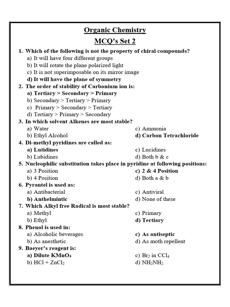Organic Chemistry MCQ's Set 2 | PDF | Chemical Reactions | Organic Compounds