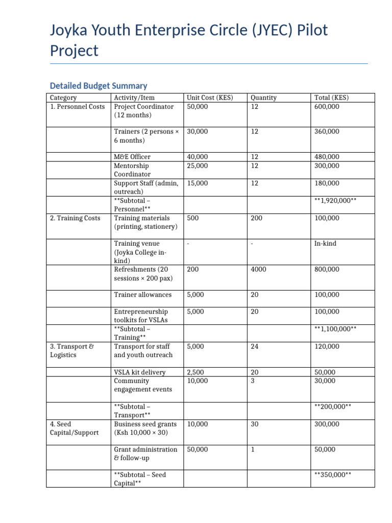 JYEC Detailed Budget Summary | PDF