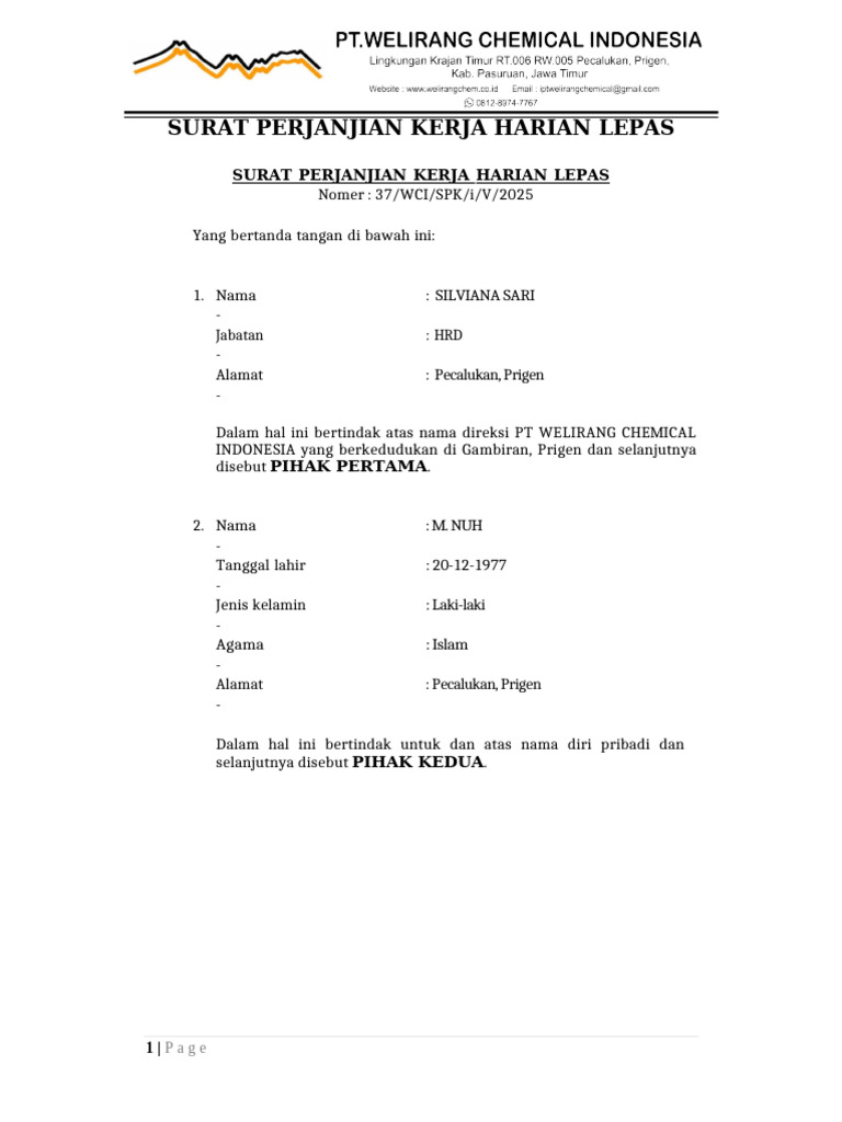 Surat-Perjanjian-Kerja-Harian-Lepas Nuh | PDF