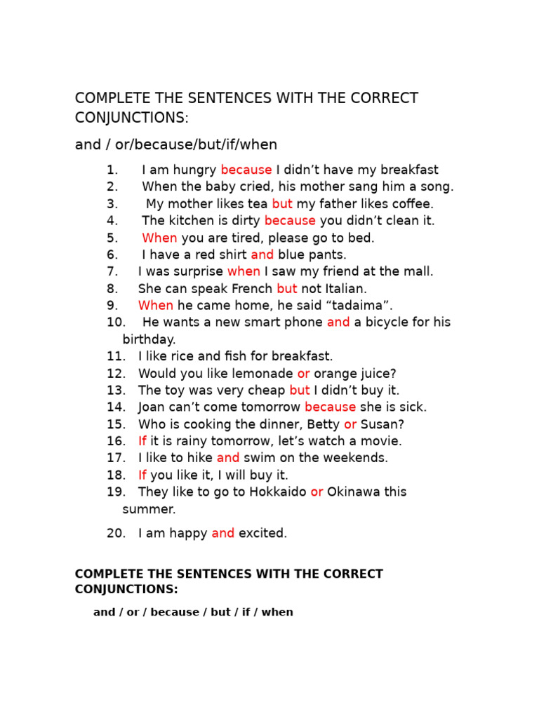 Complete The Sentences With The Correct Conjunctions | PDF
