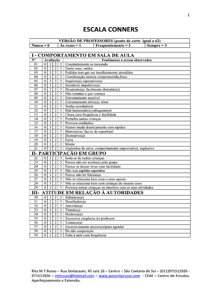 Escala-De-conners Pais e Professores - para Imprimir | PDF