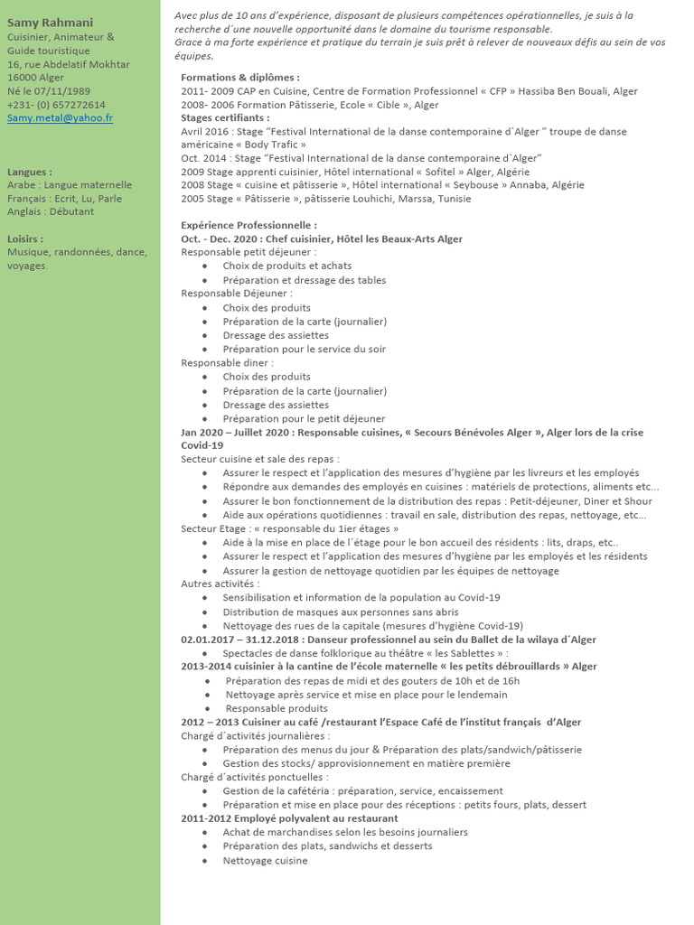 CV Samy Rahmani | PDF | Cuisine | Repas