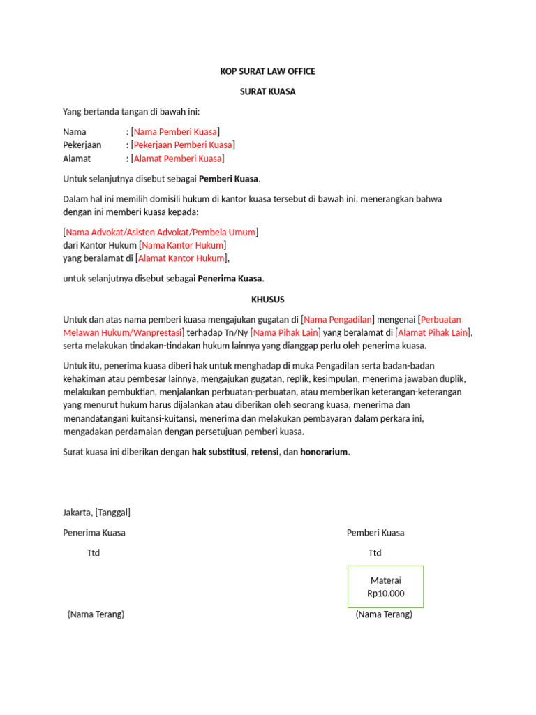 Draft Surat Kuasa Hukum | PDF