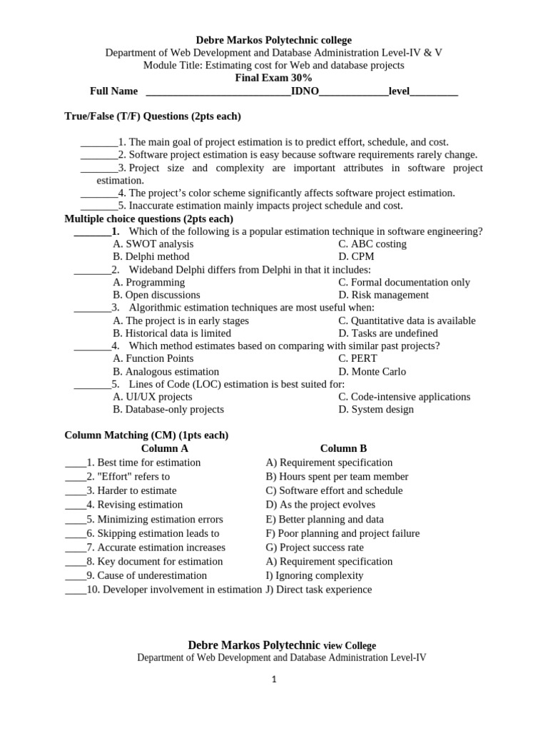 Final Exam Estimating Cost | PDF | Software | Databases
