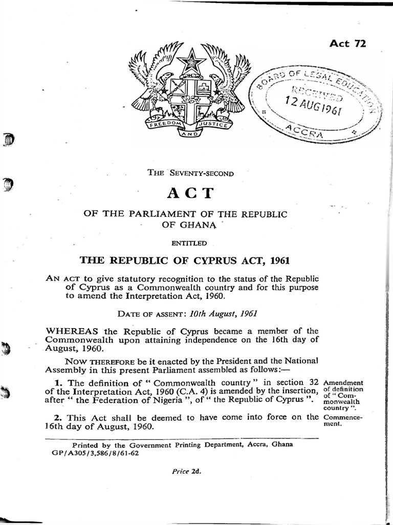 Republic of Cyprus Act, 1961 Summary | PDF
