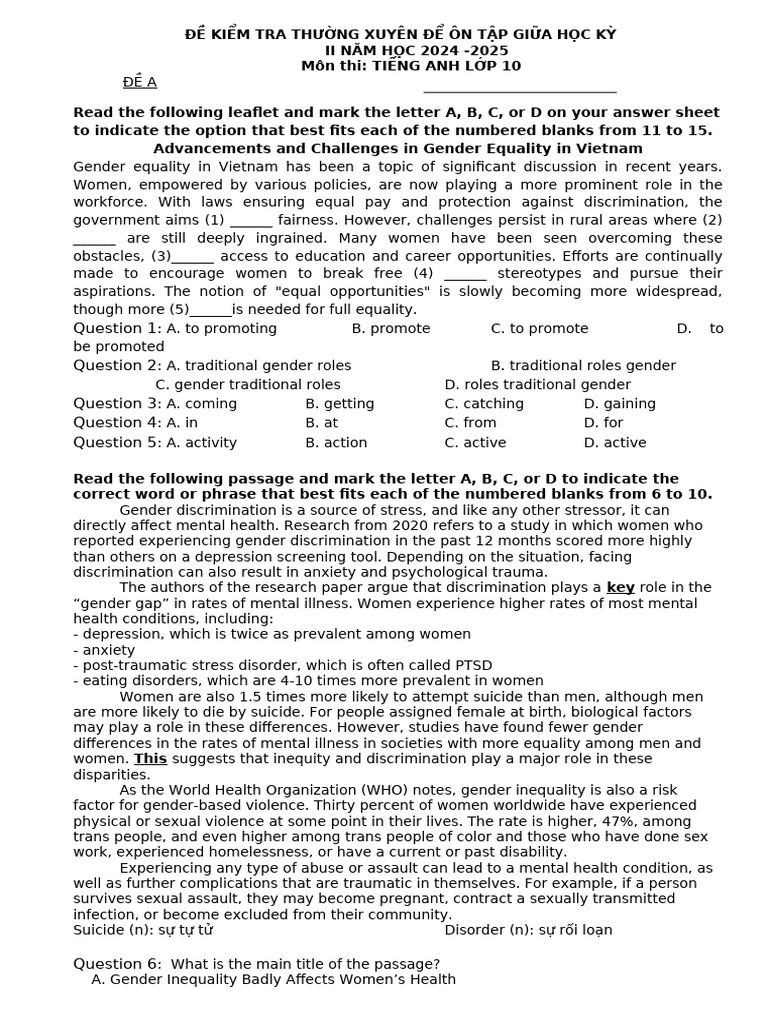 ANH10 KT Trên L P Gk2 24.25 de B KEY | PDF | Mental Disorder | Psychological Trauma