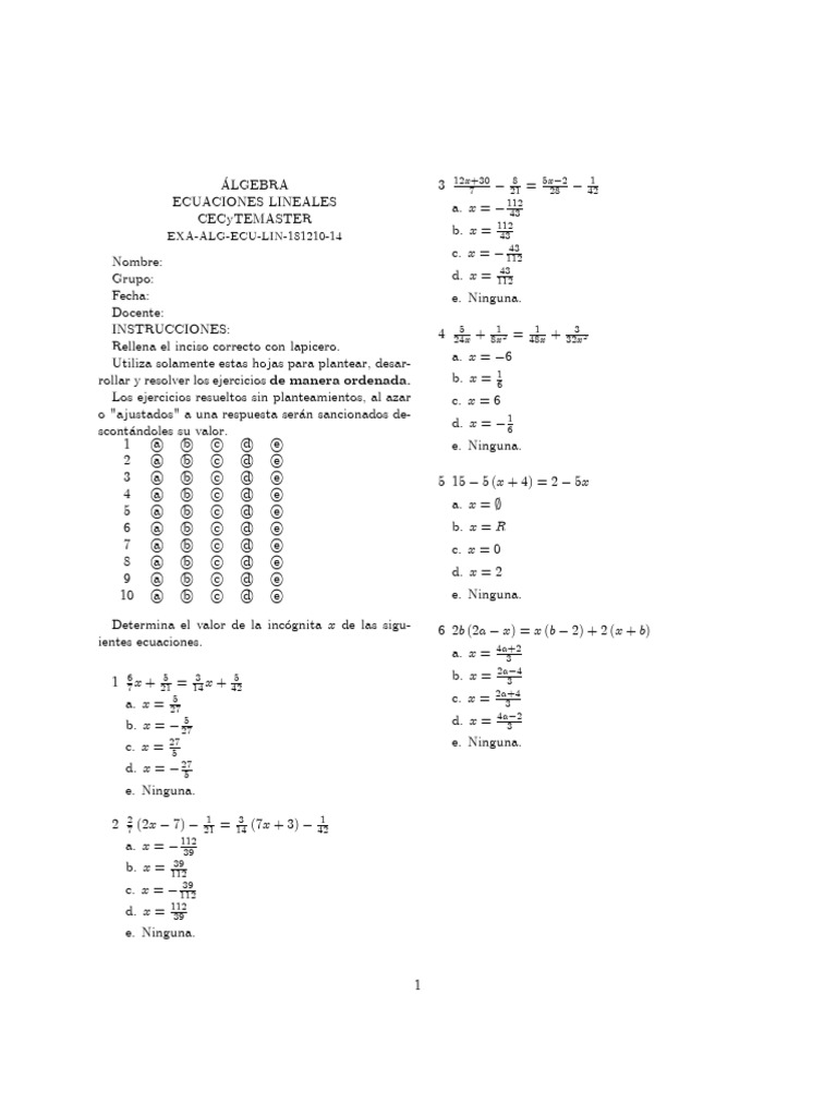Ecu Lin 181210 Out 14 | PDF | Matemáticas | Álgebra