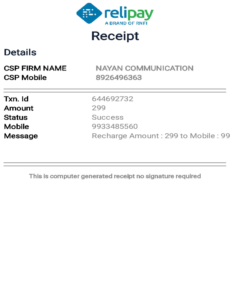 Successful Mobile Recharge Receipt | PDF