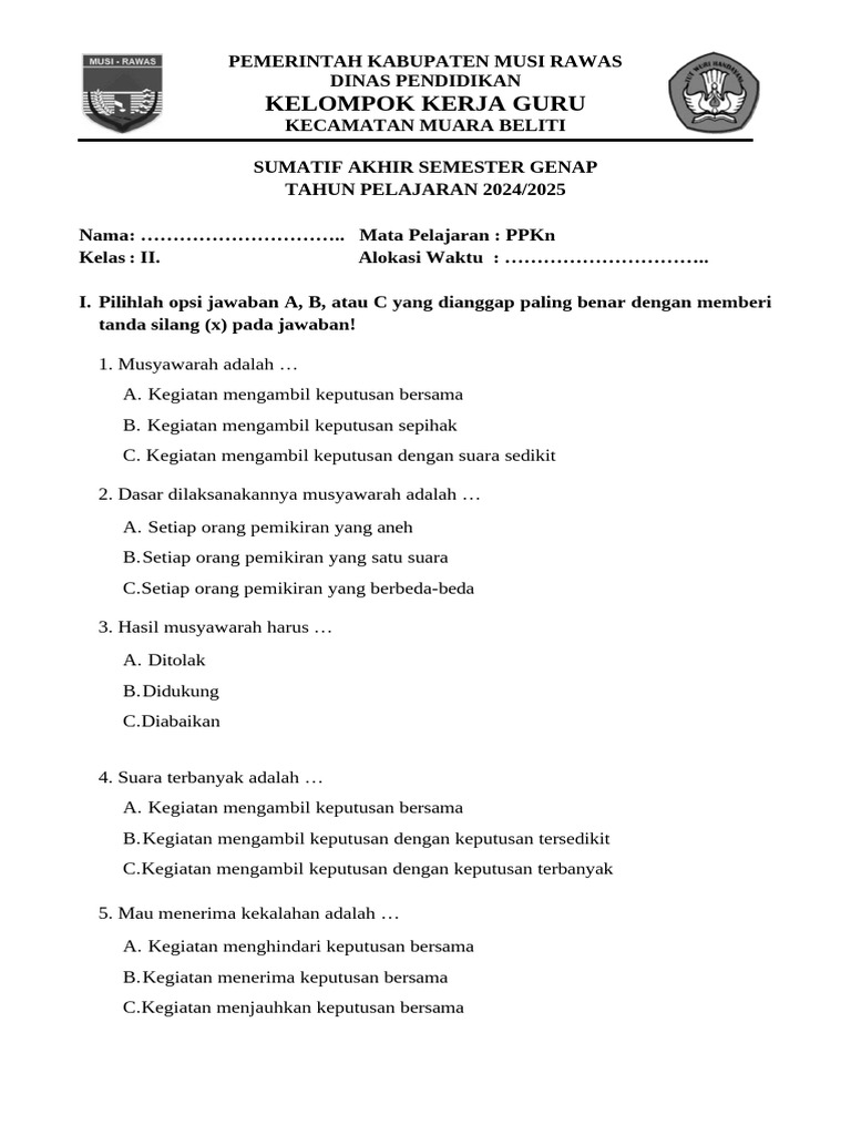 MASTER SOAL SAS GENAP 2024 2025 PPKN Kelas 2 | PDF