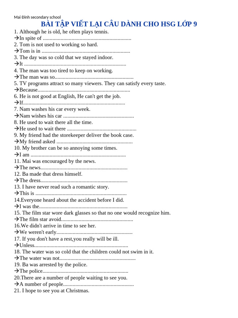 Bai Tap Viet Lai Cau Anh 9 | PDF