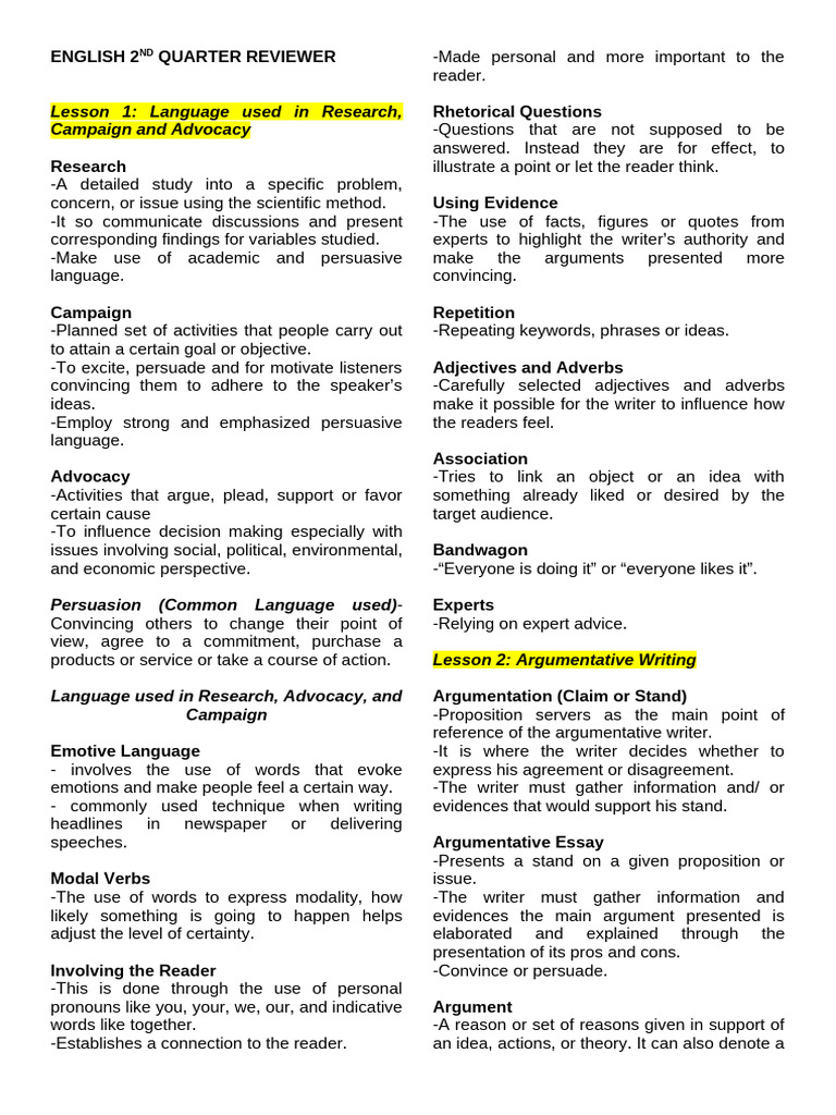 English Quarter 2 Reviewer | PDF | Essays | Argument