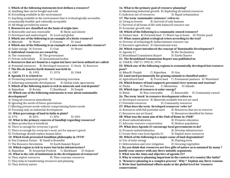 MCQs Resources and Development 30 | PDF | Resource | Sustainable Development