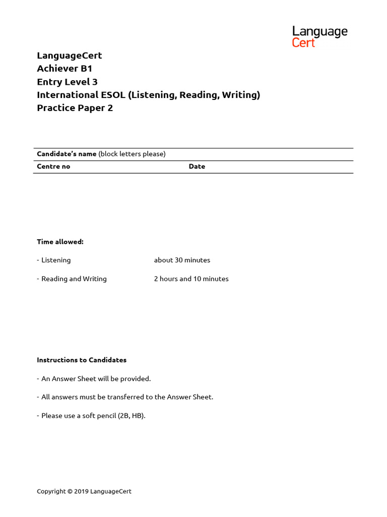 B1 Listening, Reading and Writing Practice Paper2 | PDF