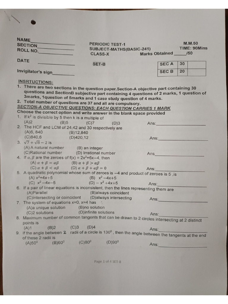 X Maths Basic Set B | PDF