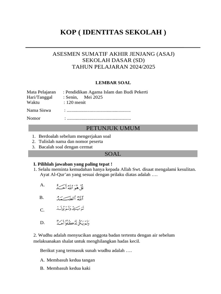 Naskah Soal & Kunci Jawaban Asaj Pai 2024 2025 K - 13 | PDF