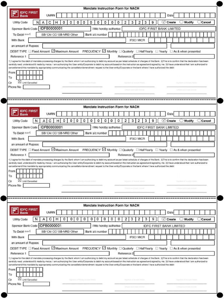 Mandate Instruction Form For NACH | PDF