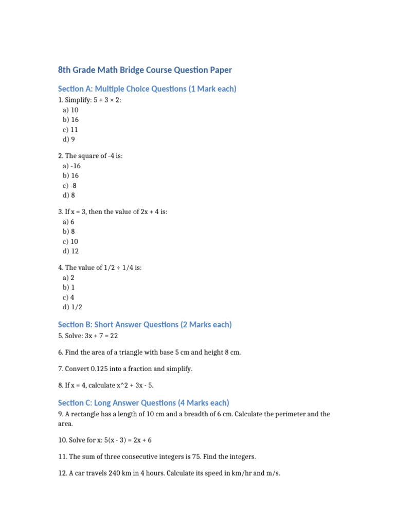 Class 8 Maths Bridge Course Paper | PDF