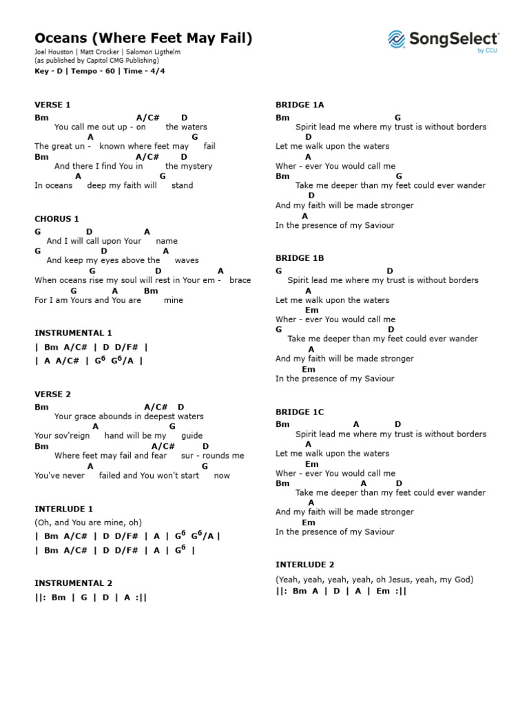 Oceans (Where Feet May Fail) - Chords-D | PDF | Religious Belief And ...