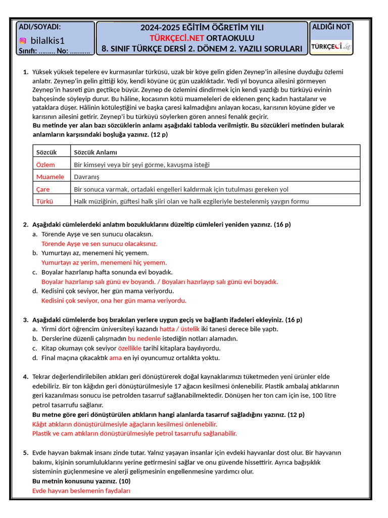 2024 2025 Egitim Ogretim Yili Turkce Dersi HECCEYayinlari 8. Sinif 2. Donem 2. Acik Uclu Sinav 3 ...